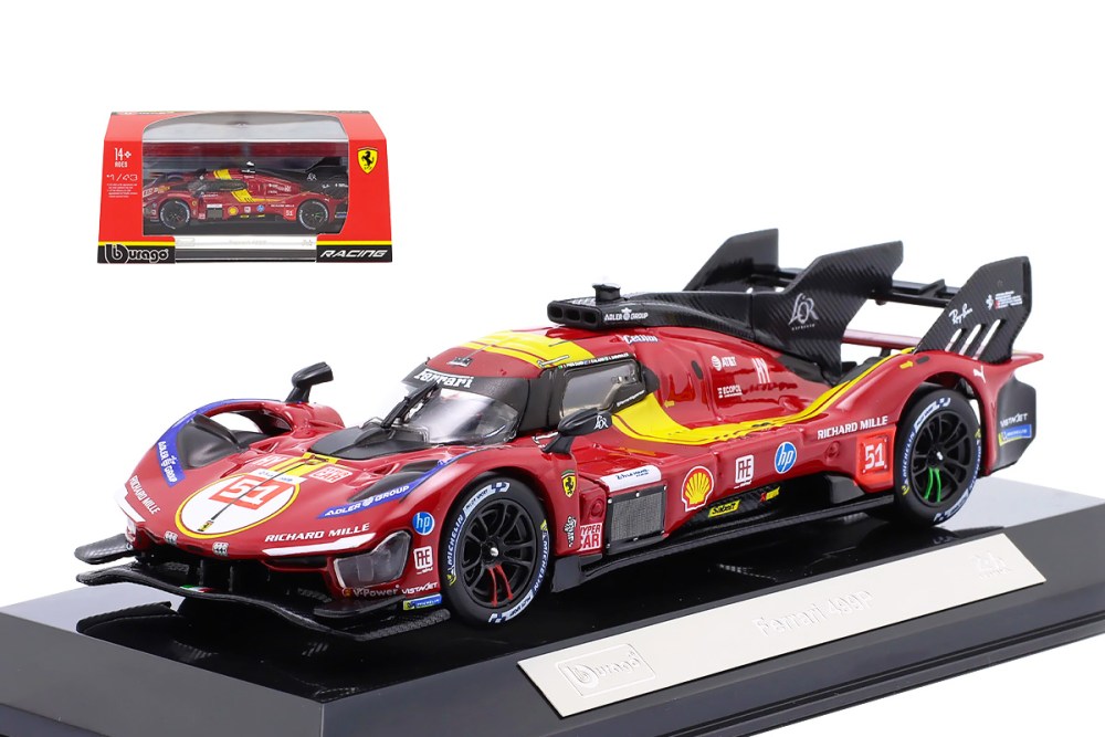 Modellino Ferrari 499p #51 Campione WEC 2025 Scala 1:43 Burago con vetrina